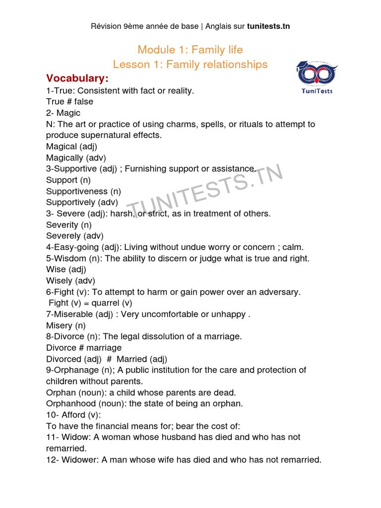 Module 1: Family Life Lesson 1: Family Relationships: Vocabulary | PDF ...