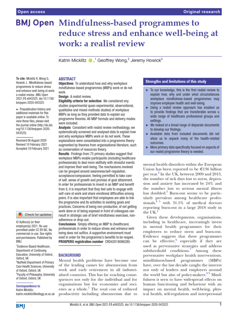 Mindfulness Based Programmes To Reduce Stress And Enhance