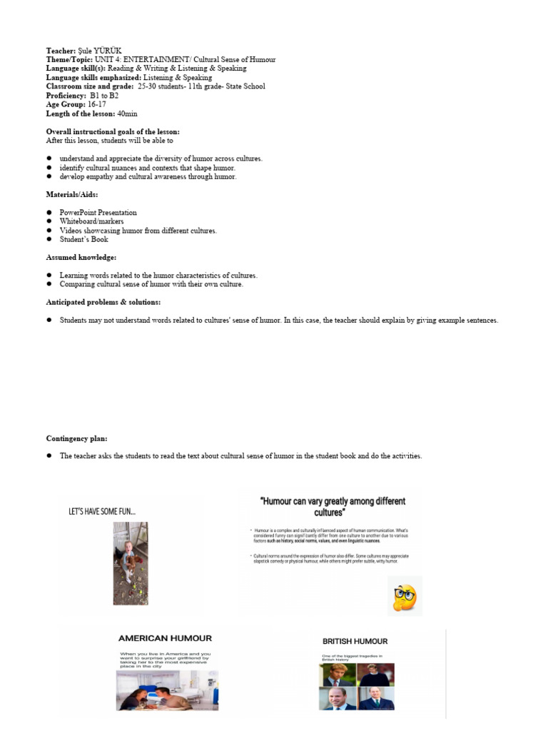 Cultural Sense of Humour Lesson Plan | PDF | Humour | Teachers