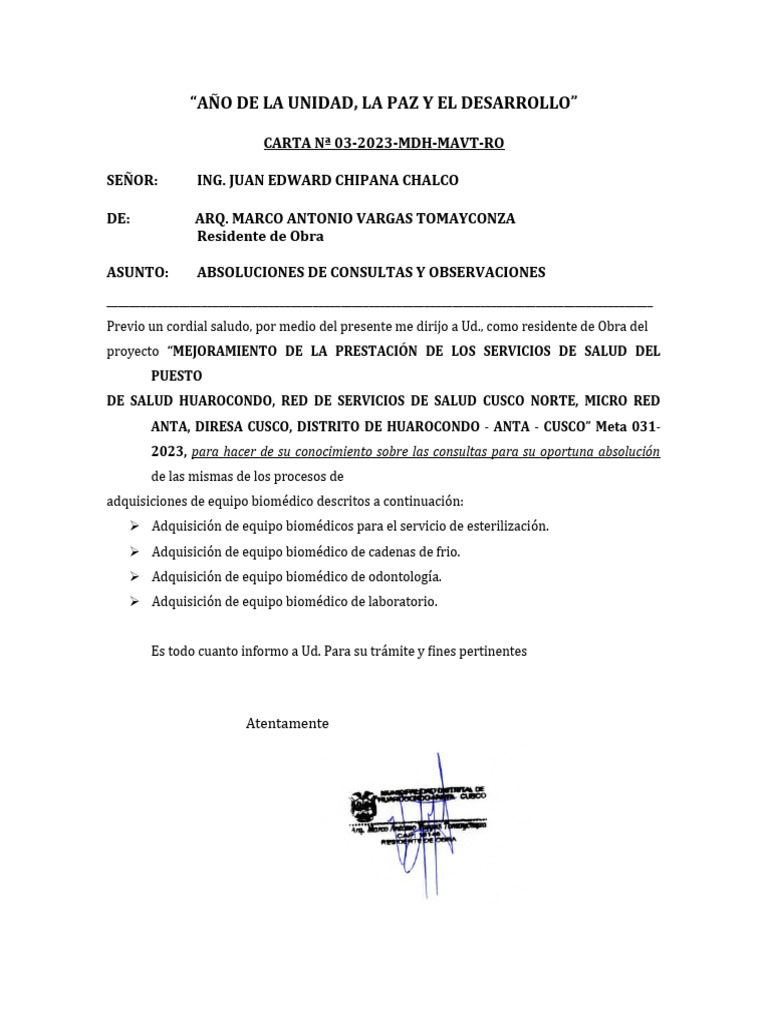 Carta N° 003 NOTIFICACION DE CONSULTAS BIOMEDICOS | PDF