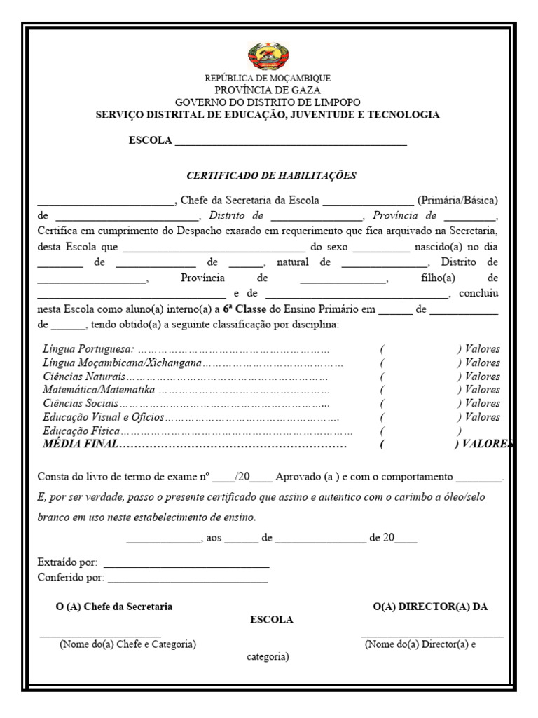MODELO CERTIFICADO 6a CLASSE 2023 | PDF