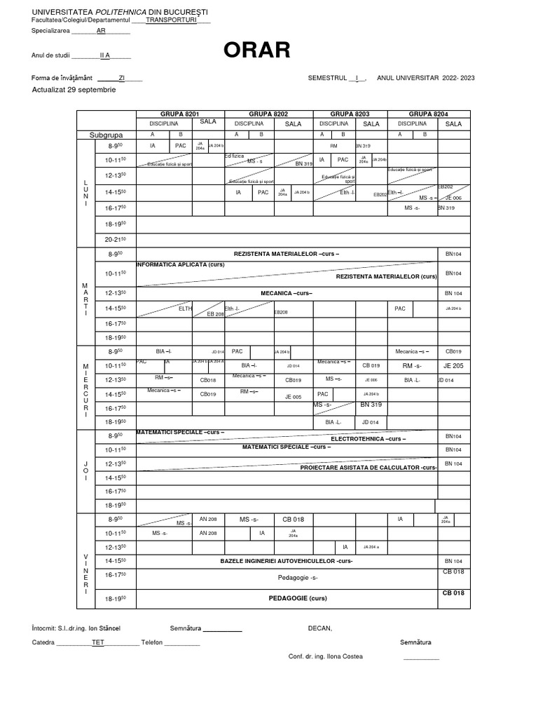 1 Orar II A Sem1 | PDF