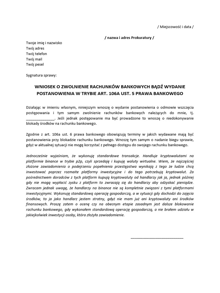 Wniosek o Zwolnienie Blokady Rachunku Bankowego Do Prokuratora | PDF