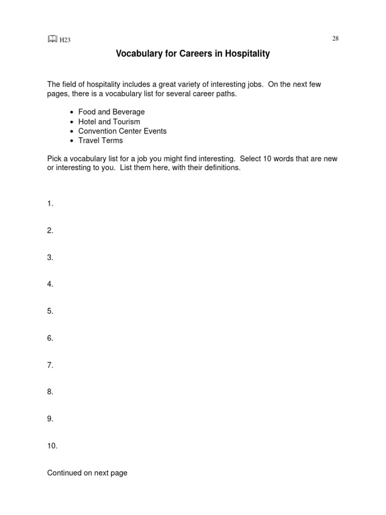 Vocabulary For Careers in Hospitality | PDF
