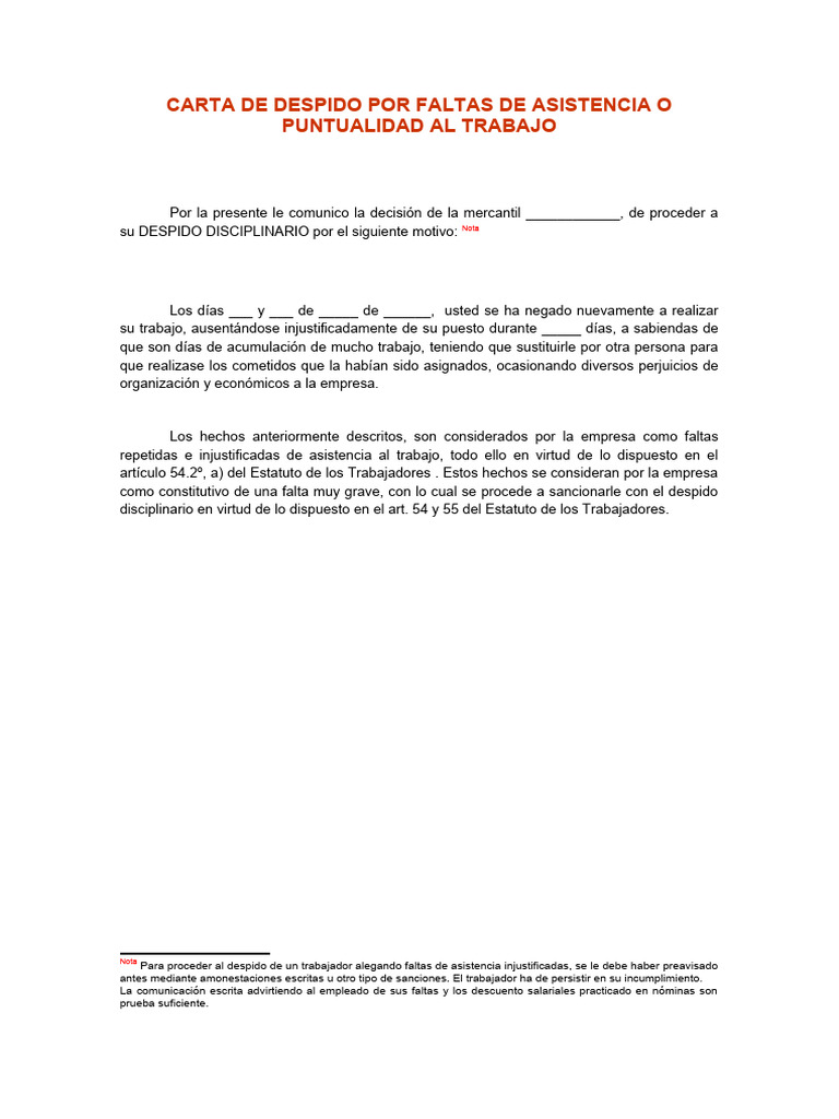 Carta de Despido Por Faltas de Asistencia o Puntualidad Al Trabajo | PDF