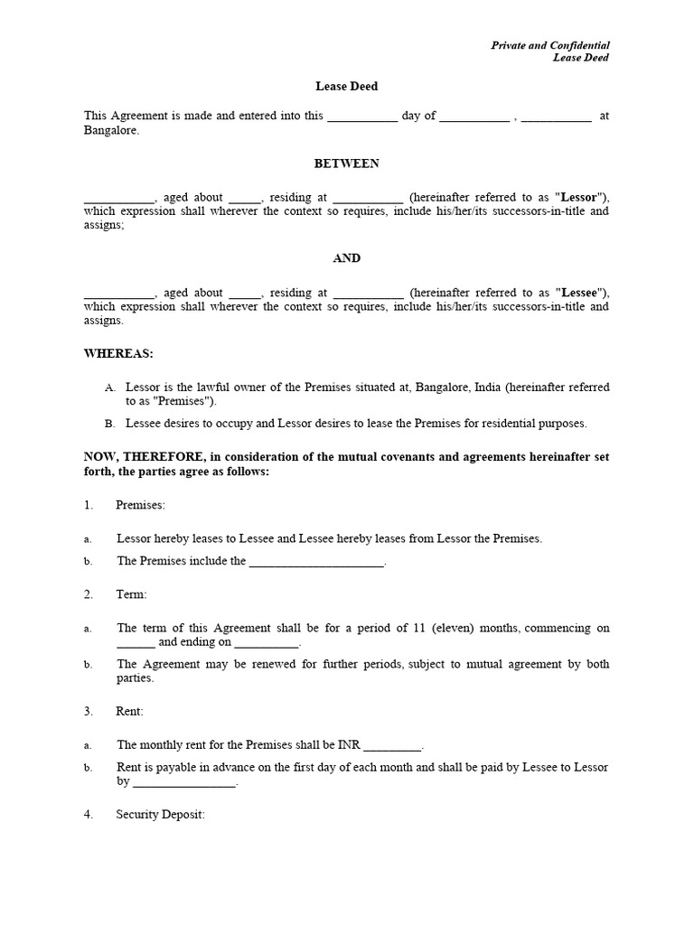 Lease Deed - Basic Template | PDF