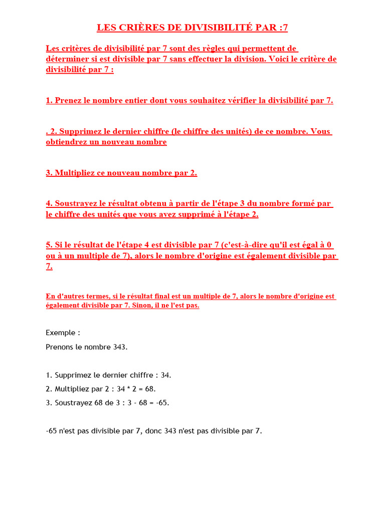 Les Critères de Divisibilité Par 7 Sont Des Règles Qui Permettent de ...