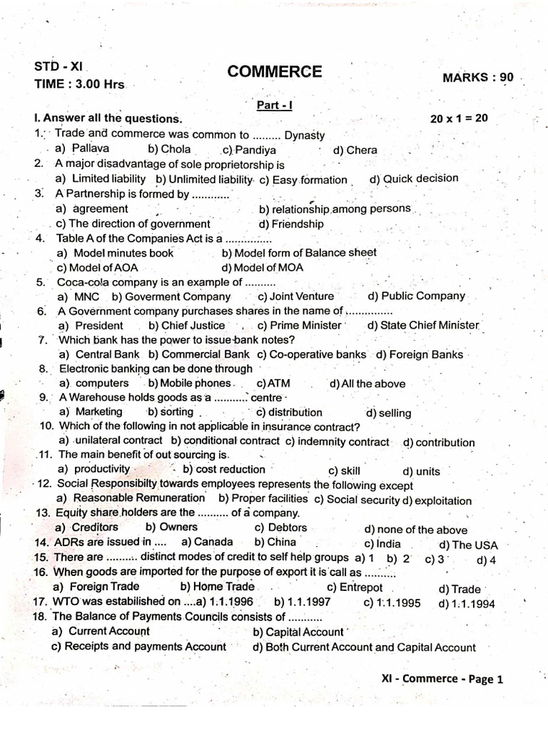 11th Commerce EM Half Yearly Exam 2023 Question Paper Tirupattur District English Medium PDF ...