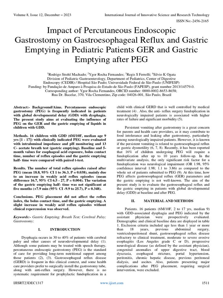 Impact of Percutaneous Endoscopic Gastrostomy On Gastroesophageal Reflux and Gastric Emptying in ...
