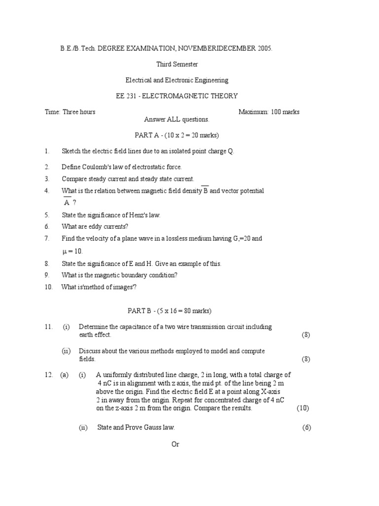 EMT Exam Model Question Paper | PDF | Field (Physics) | Magnetic Field