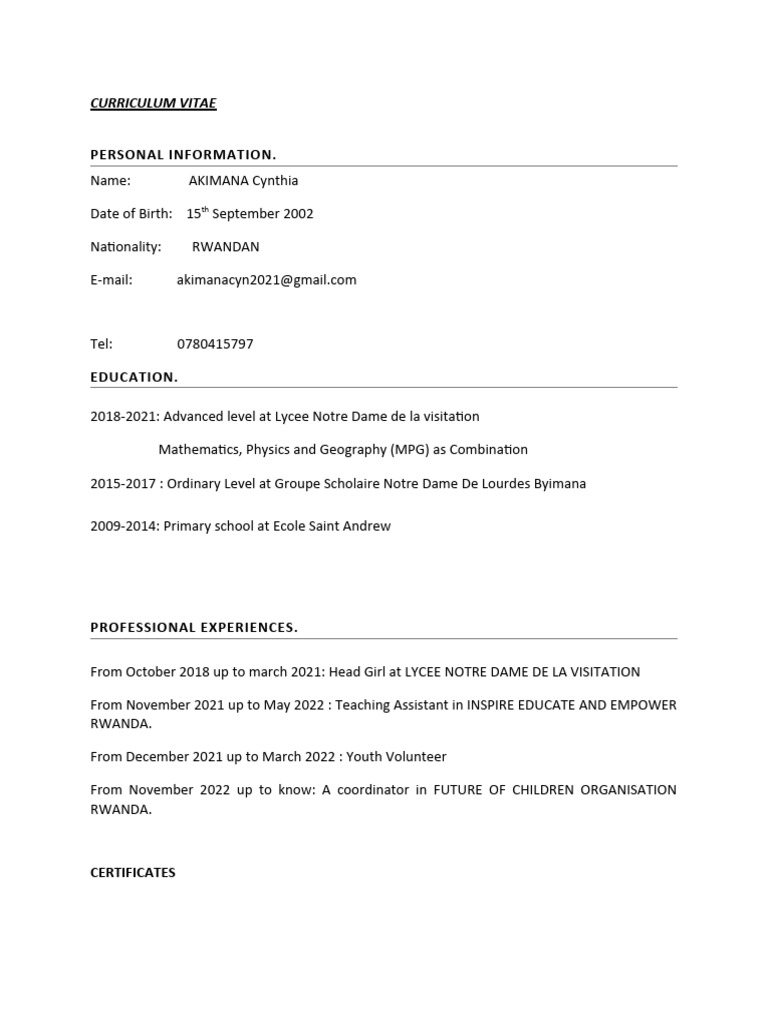 CV: Cynthia Akimana's Profile | PDF | Career & Growth | Wellness
