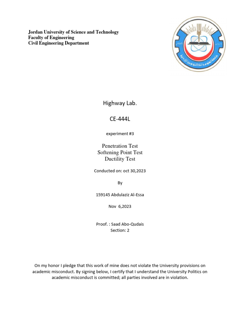 Highway Lab. CE-444L: Jordan University of Science and Technology ...