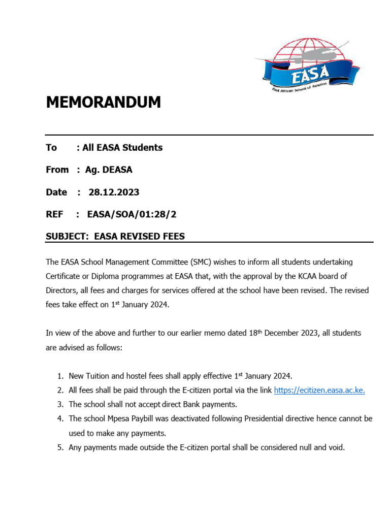 Memo On Revised Fees - EASA Students | PDF