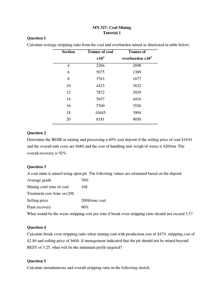 Tutorial 1 1 | PDF | Coal Mining | Mining