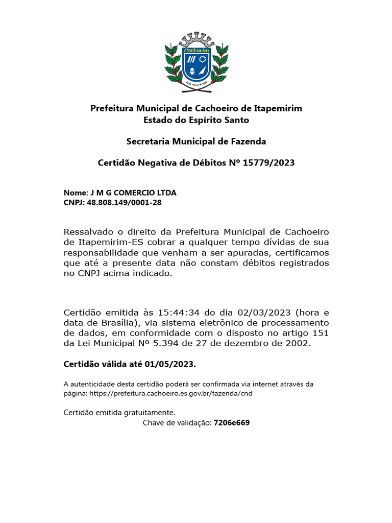 Certidão Negativa de Débitos | PDF