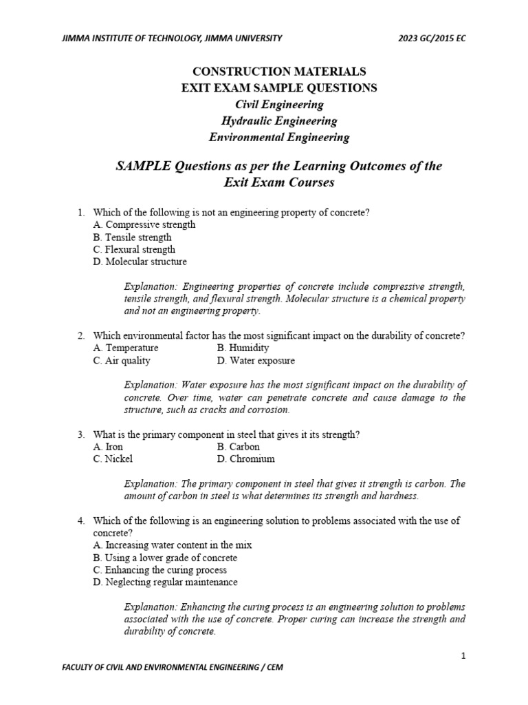 Construction Materials Sample Exit Exam Questions | Download Free PDF ...