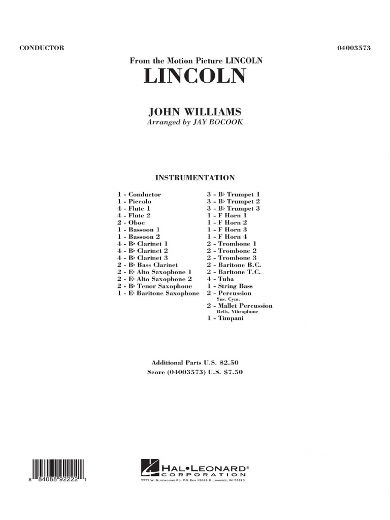 Lincoln (Movie) - John Williams Arr Jay Bocook - SCORE | PDF