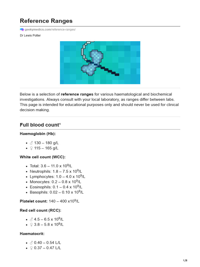 Reference Ranges | PDF | White Blood Cell | Tissue (Biology)