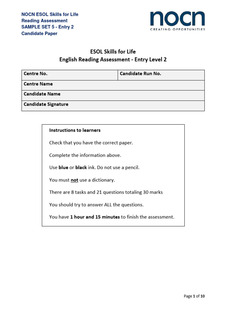 E2 Reading Assessment Esol Sample Set 5 Cat 102018 | PDF
