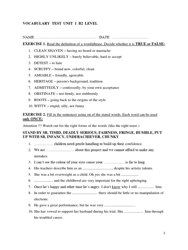 Vocabulary Test Unit 1 B2 Level | PDF