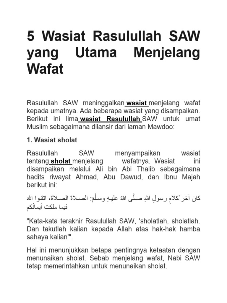 5 Wasiat Rasulullah SAW Yang Utama Menjelang Wafat | PDF