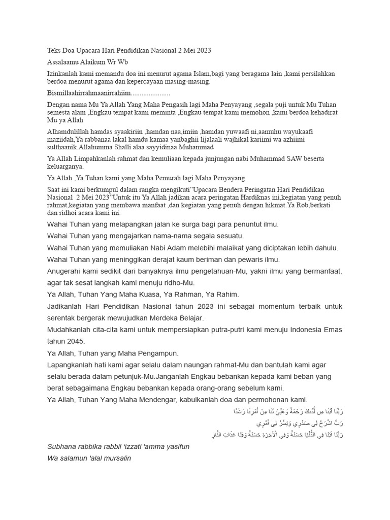 Teks Doa Upacara Hari Pendidikan Nasional 2 Mei 2023 | PDF