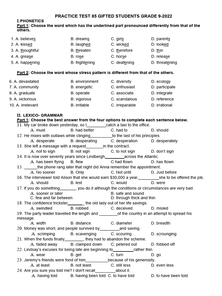 Practice Test 85 For Gifted Students Grade 9-2022 | PDF