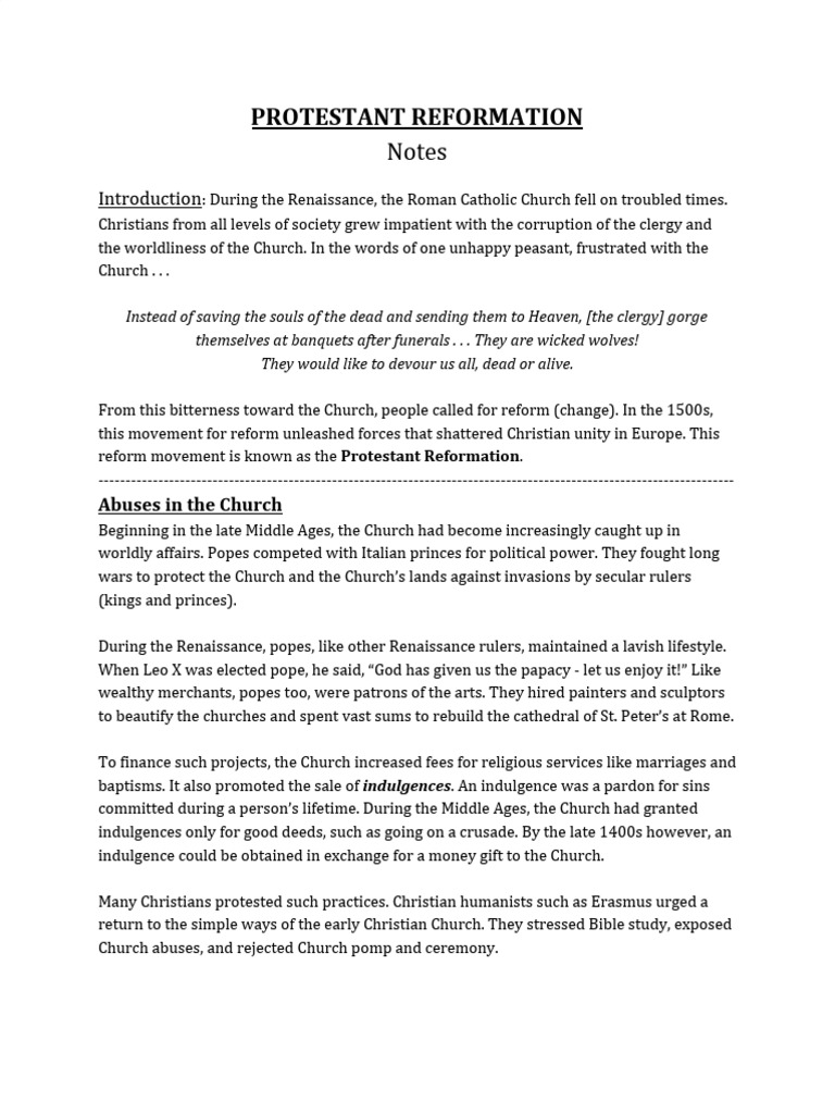 Protestant Reformation Notes | PDF | Martin Luther | Catholic Church