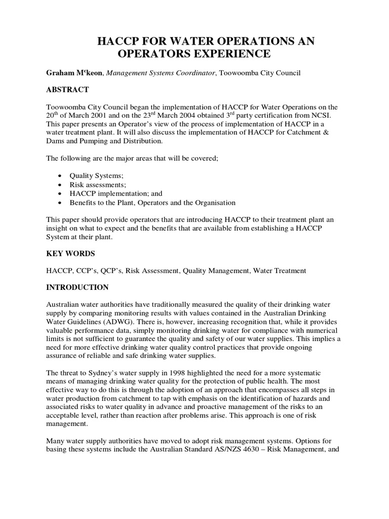 HACCP FOR WATER OPERATIONS AN OPERATORS EXPERIENCE - GrahamMcKeon | PDF | Hazard Analysis And ...