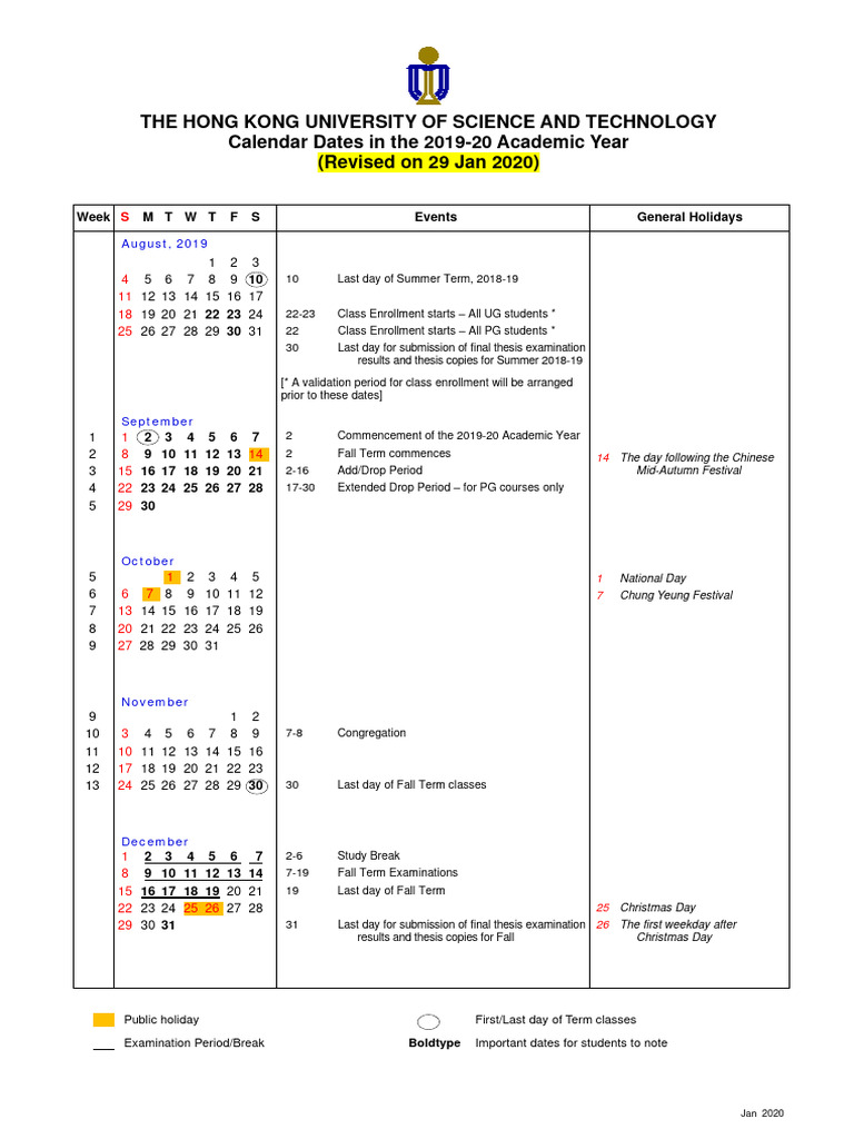 HKUST 2019-20 Academic Calendar Dates | PDF | Academic Term | Observances