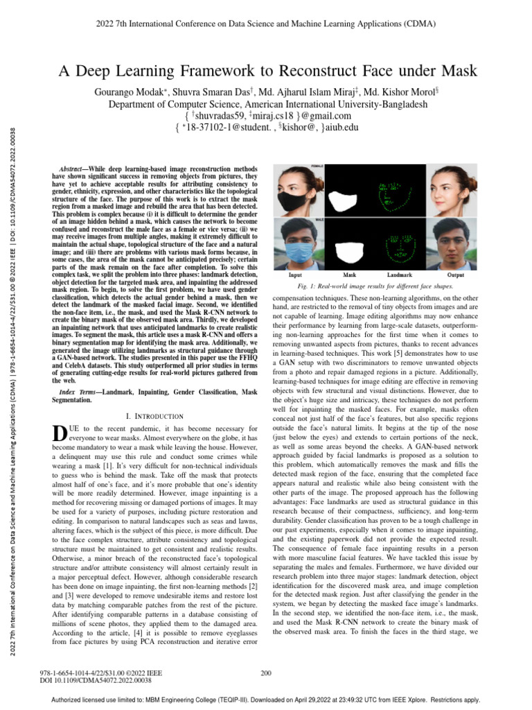 A Deep Learning Framework To Reconstruct Face Under Mask Pdf Image Segmentation Cybernetics 