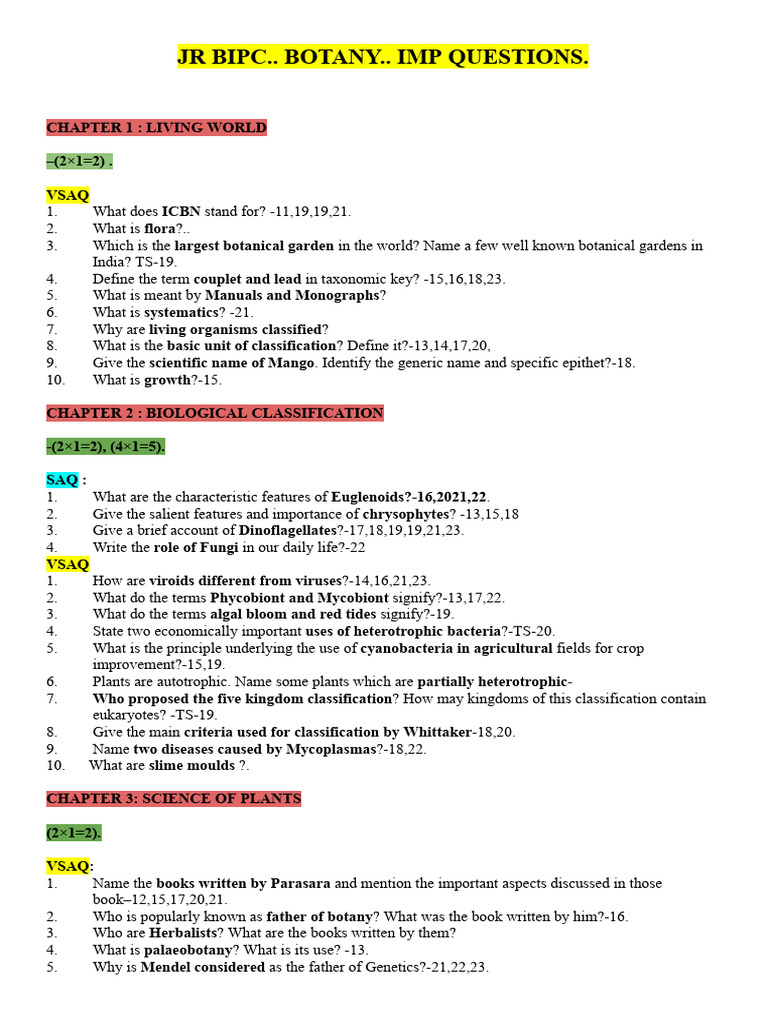 Key Botany Questions for BIPC Students | PDF | Science & Mathematics