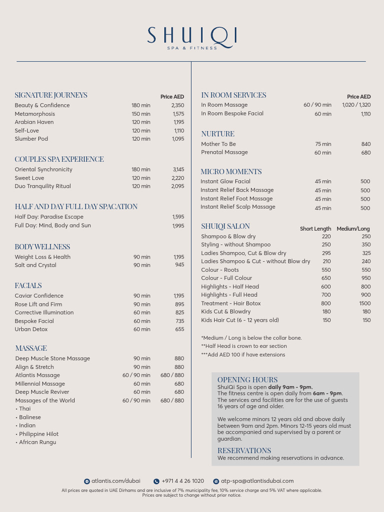 ShuiQi Spa Services and Pricing Guide | PDF | Shaving | Human Head And Neck