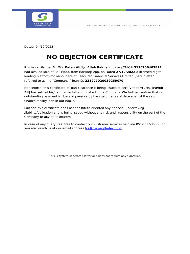 Barwaqt Loan No Objection Certificate | PDF | Business | Law