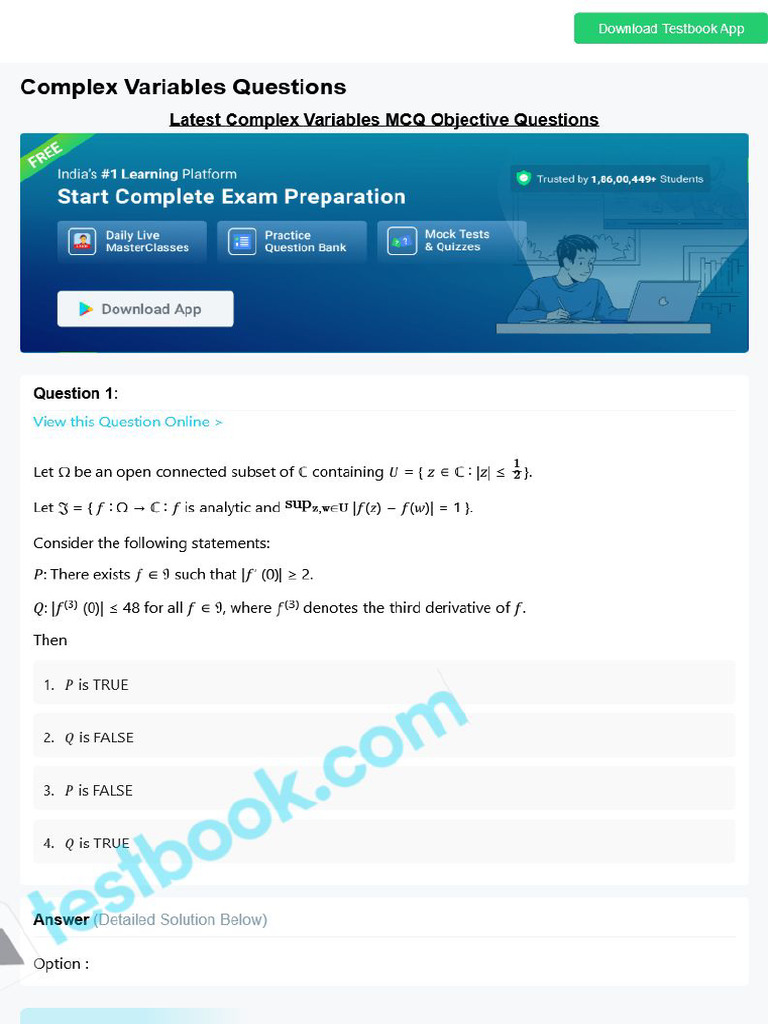 MCQ On Complex Variables 5eea6a0a39140f30f369dcab | PDF