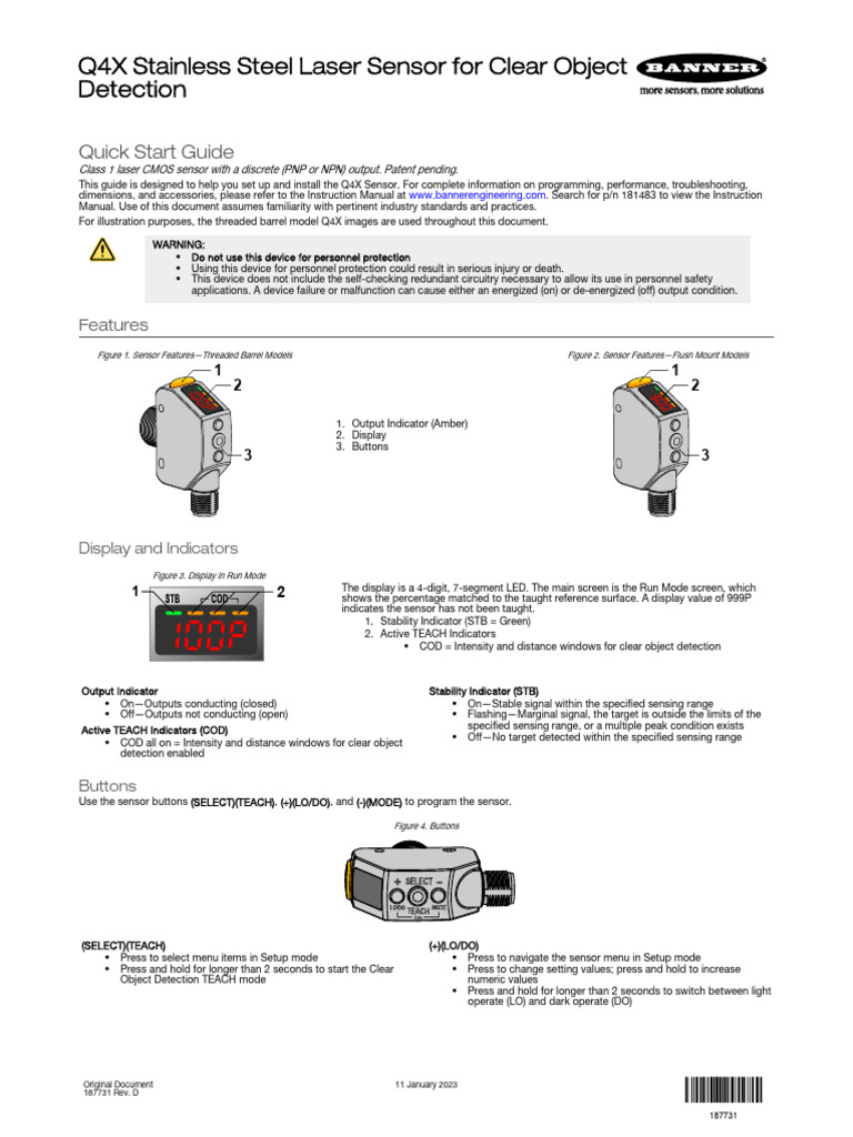 Q4X Stainless Steel Laser Sensor For Clear Object Detection: Quick Start Guide | PDF | Laser ...