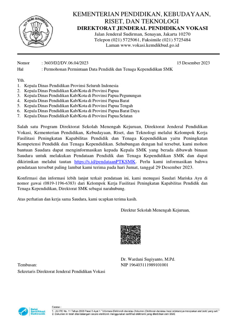 Permohonan Permintaan Data PTK SMK | PDF