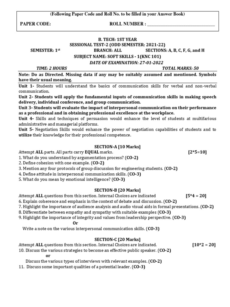 Soft Skills Knc101 St-2 QP | PDF | Communication | Interpersonal Communication
