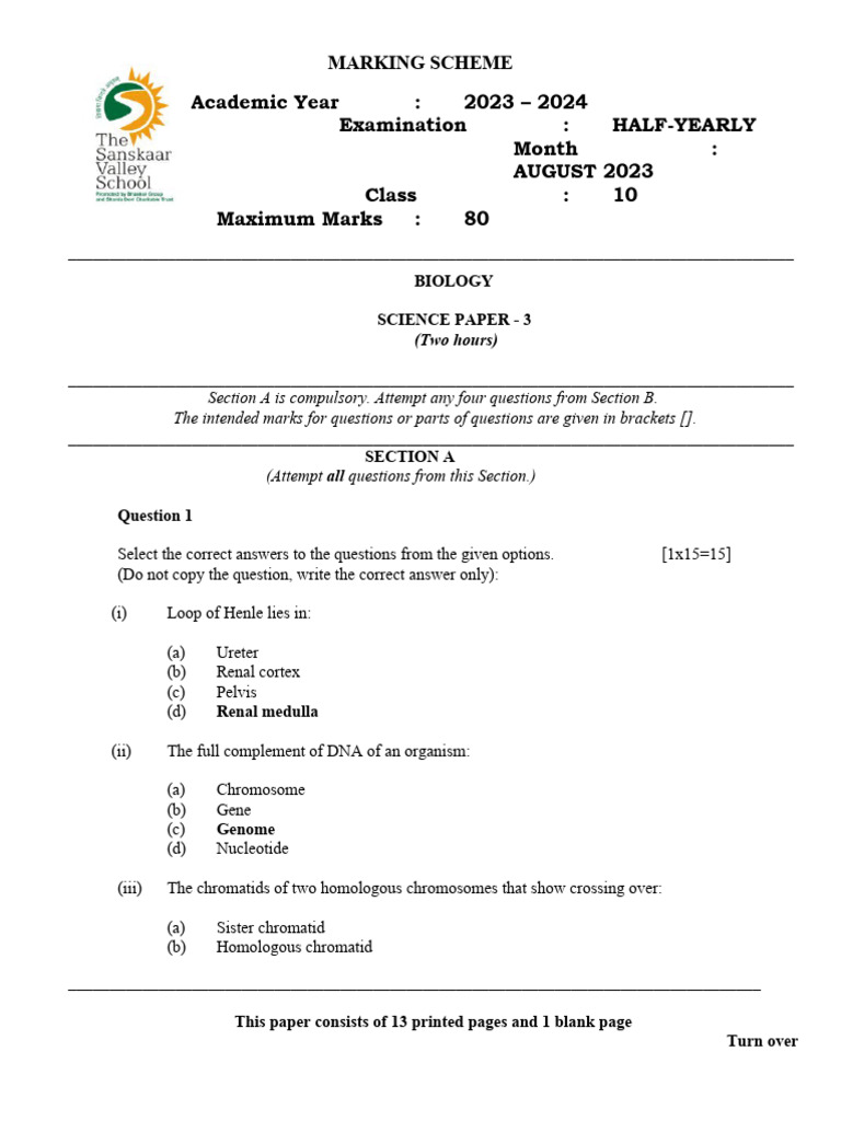 Marking Scheme Biology 2023-24 HY | PDF | Kidney | Red Blood Cell
