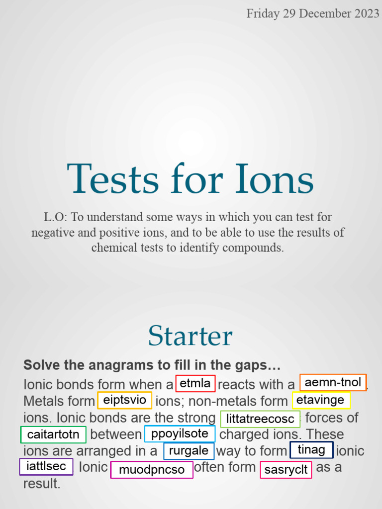 Tests For Ions | PDF | Precipitation (Chemistry) | Acid