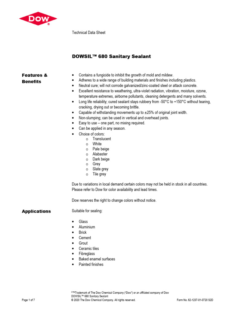 62 1237 01 Dowsil 680 Sanitary Sealant | PDF
