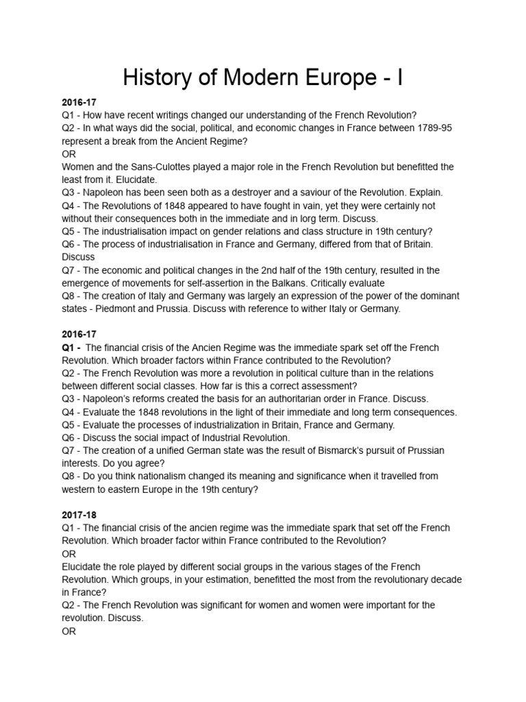 PYQ History of Modern Europe - I | PDF | French Revolution | France