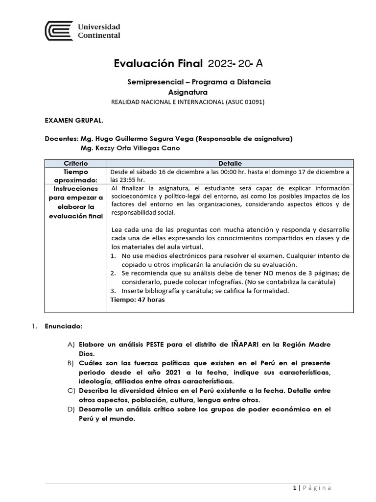 Evaluacion Final - Realidad Nacional e Internacional 2023 - 20 - B | PDF