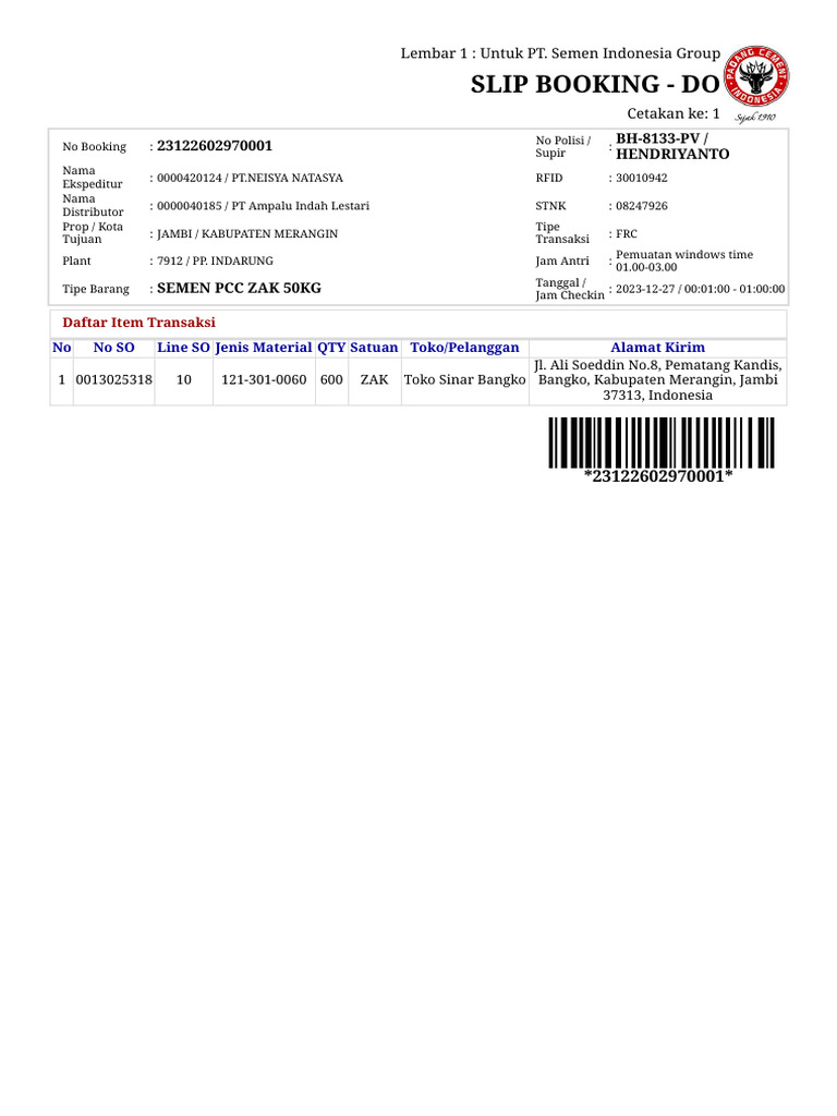 Slip Booking - Do: 23122602970001 BH-8133-PV / Hendriyanto | PDF