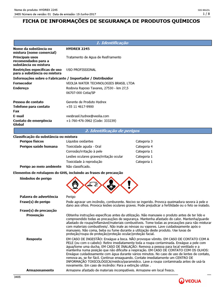SDS Brazil Brazilian Portuguese - HYDREX 2245 - VWS BRASIL LTDA | PDF | Materiais | Química