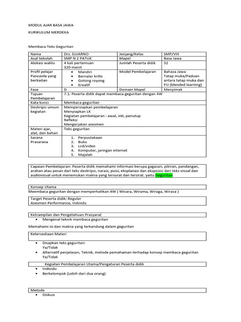 Teknik Membaca Geguritan 4W | PDF | Karier & Perkembangan