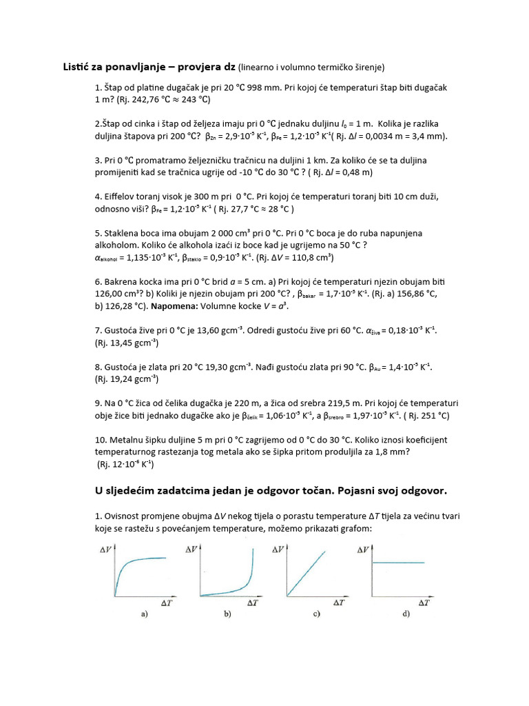 ListiÄ Za Ponavljanje - Provjera DZ (Linearno I Volumno Termiä Ko Å¡irenje) 4 | PDF