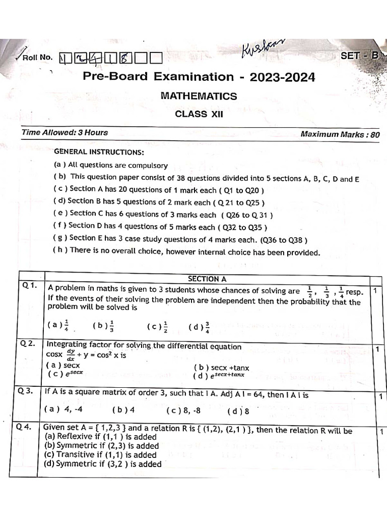 Xii Maths PB 2023-24 (Abc School) | PDF
