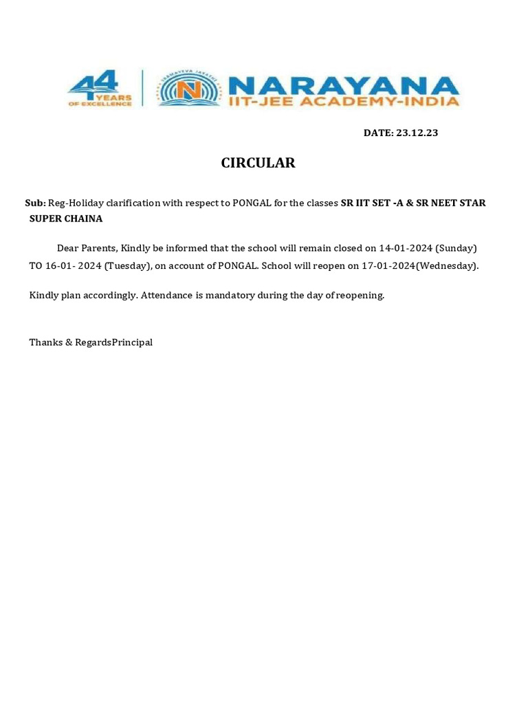 Circular - STD 12 Top Sec Pongal Holiday | PDF