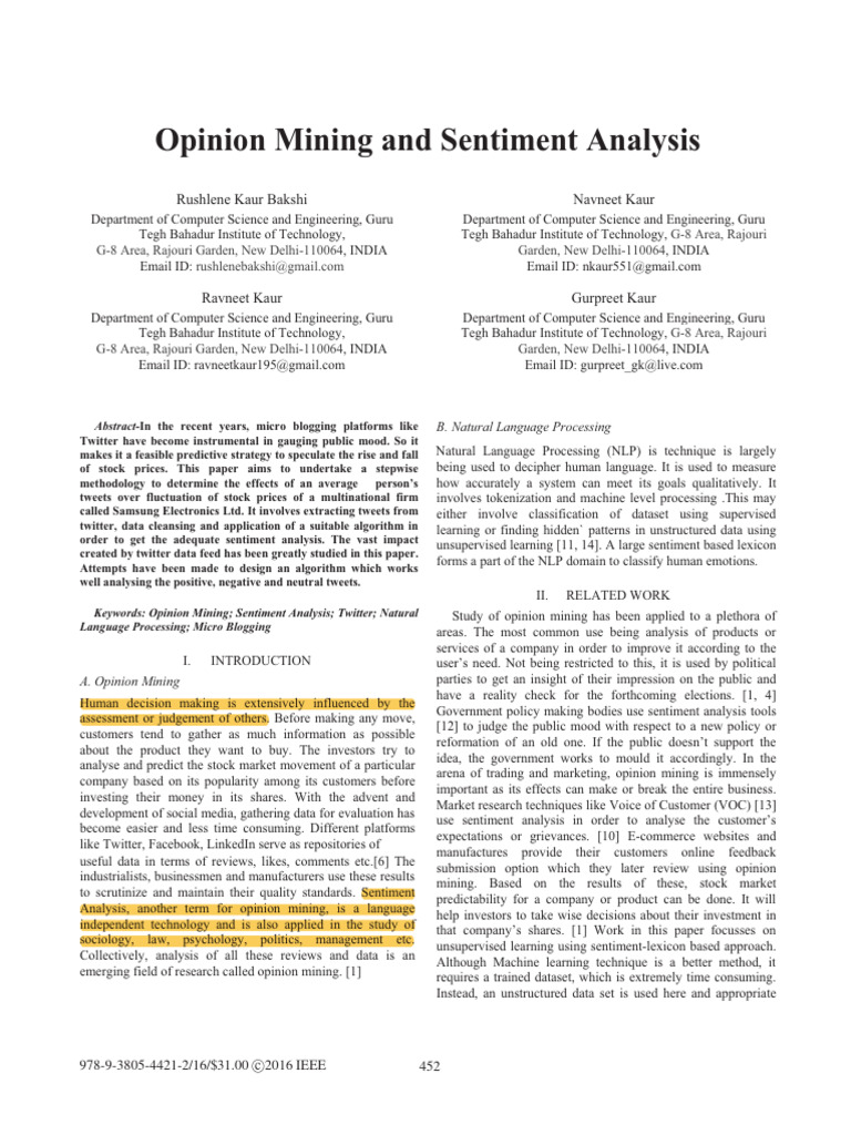 Opinion Mining and Sentiment Analysis - Bakshi Et Al | PDF | Business | Foreign Language Studies